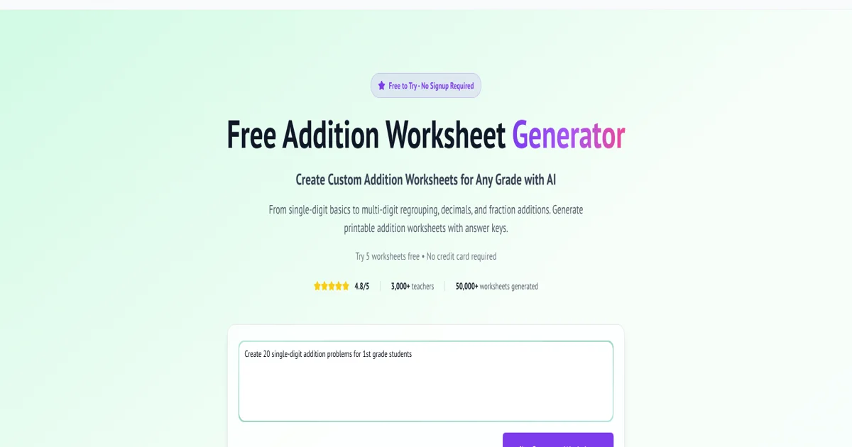 Free Addition Worksheet Generator | Create Printable PDFs Instantly